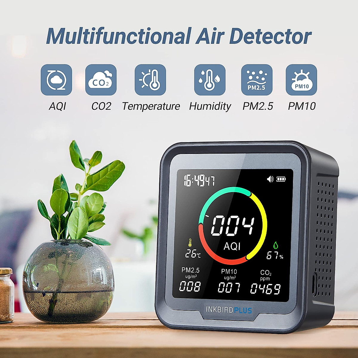 INKBIRDPLUS Indoor CO2 Detector, Air Quality Monitor, Tester for Carbon Dioxide, Temperature and Relative Humidity, Indoor CO2 Monitor with Alarm, for Grow Tents, Wine Cellars, Homes, Cars(PTH-9C)