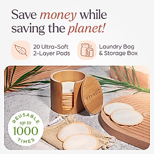 VIVAGO Reusable Cotton Rounds for Face - (20 Pack) Soft Reusable Makeup Remover Pads with Washable Drawstring Laundry Bag & Bamboo Holder - All Skin Type Skincare Set Facial Cleaning Cloth