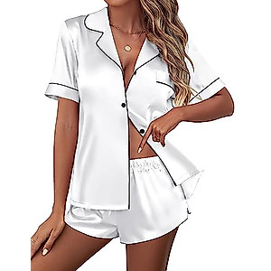 Ekouaer Womens Satin Silk Short Sleeve Button Down Top and Shorts Sleepwear Bridesmaid Pajamas Set White Medium
