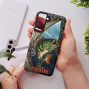 Personalized Bass Fish Fishermen Phone Case Custom Name Bass Fishing Leather Pattern Cute Protective Cover Customized Compatible with iPhone 14 12 13 11 Promax Samsung s23 s22 s21 s20 s10 Ultra