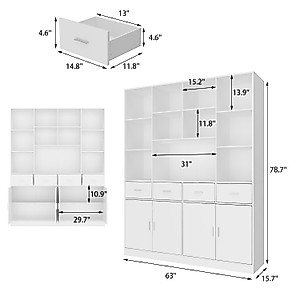 ECACAD Modern Wooden Bookcase with Shelves, 4 Doors and 4 Drawers, Tall Storage Display Cabinet Kitchen Pantry for Living Room, Home Office and Kitchen, White (15.7" D x 63" W x 78.7" H)