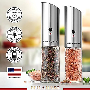 Gravity Electric Salt & Pepper Grinder Set - Adjustable Coarseness - Rechargeable Battery Powered - Refillable Glass Jars - Automatic Operation One Hand Spice Mill - Stainless Steel Kitchen Gadget