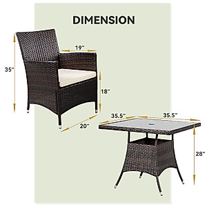 SUNCROWN 5 Piece Outdoor Dining Set All-Weather Wicker Patio Dining Table and Chairs with Cushions, Tempered Glass Tabletop with 9 FT Patio Umbrella for Patio Backyard Porch Garden Poolside, Square