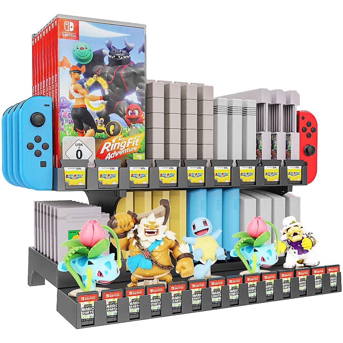 Skywin- Retro Cartridge Game Holder Compatible with Nintendo Gameboy, Video Game Storage, NES, N64, and 3DS Games, Includes Slots for Switch Tablet, Joycon Controllers, and Amiibo Display