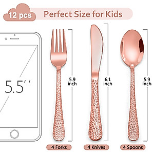 LIANYU 12-Piece Kids Copper Silverware Set, Stainless Steel Toddler Utensils, Hammered Metal Preschooler Flatware Cutlery Set, Children Tableware Includes Knives Forks Spoons, Dishwasher Safe