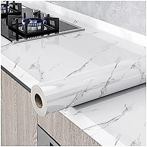 Glossy Marble Paper Granite Gray/White Wallpaper Peel and Stick Wallpaper Self Adhesive Removable Wallpaper 15.8″ ×197″ Waterproof Countertop Paper for Cabinet Countertop Furniture Kitchen Viny Film