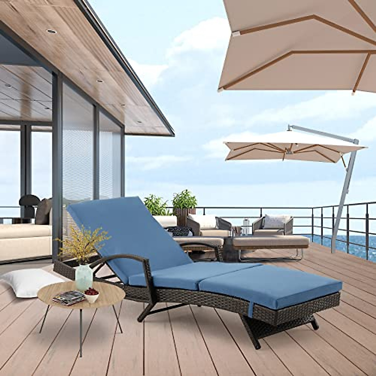 GYUTEI Patio Lounge Chair Rattan Chaise Lounge Chair with Adjustable Backrest Thickened Cushion,PE Rattan Steel Frame Outdoor Reclining Chaise for Patio Backyard Porch Garden Poolside(Light Blue)