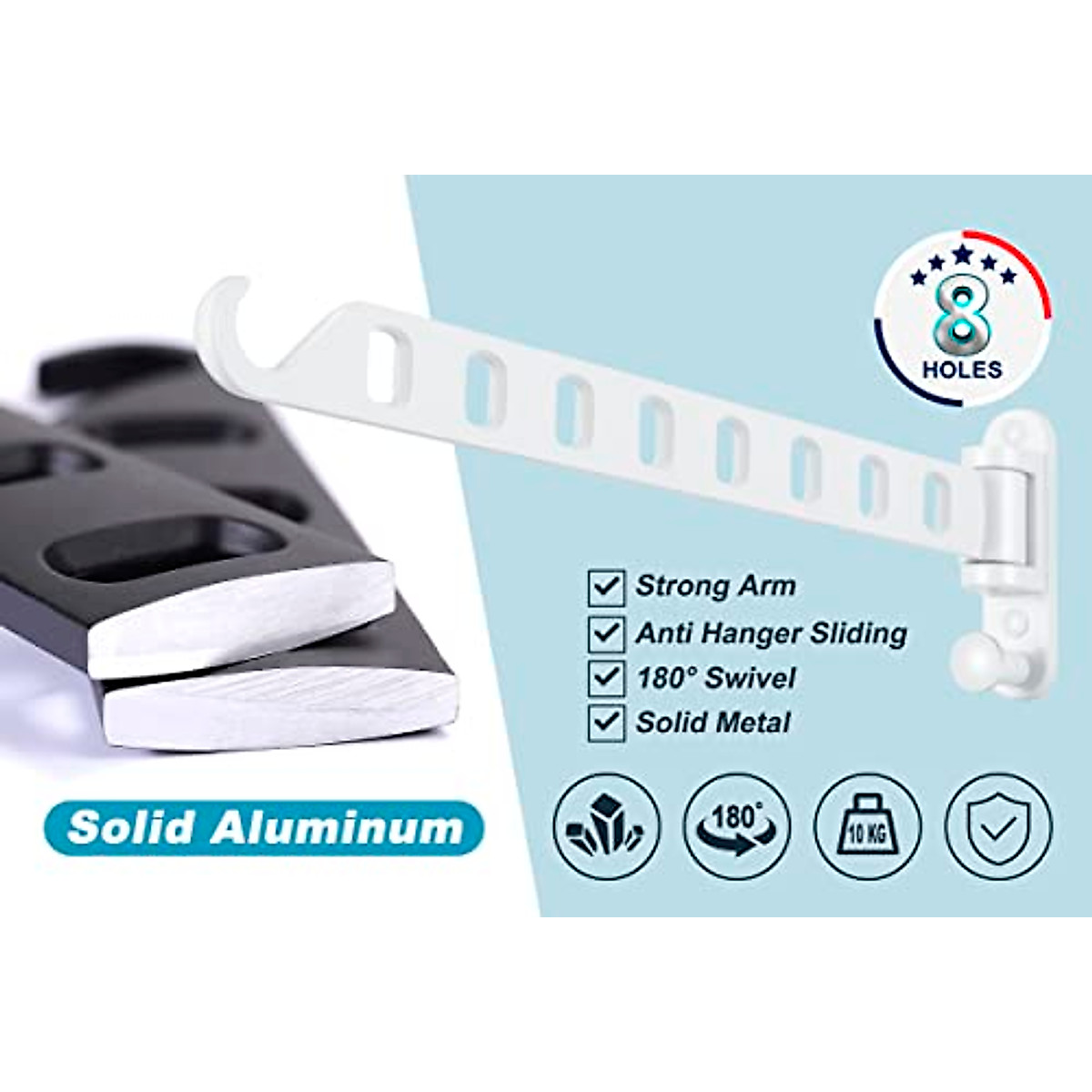 SKIKEN White Closet Hanger with Swing Arm, 8-Hole Heavy Duty Coat Hanger, Space Saver for Closet, Small Drying Hanger Rack for Laundry Room, Bathroom, Sturdy, Aluminum (1Pack, White)