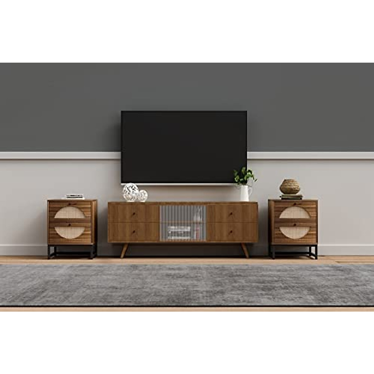 SeokIljin Rattan Nightstand,2 Drawer Side Table,Metal Legs,Bottom Hollow-Out Design,Easy Cleaning,Display Rack for Bedroom and Living Room