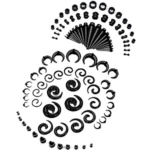 FASACCO 98Pcs Ear Stretching Kit 14G-00G Ear Gauges Expander Set Acrylic Tapers and Plugs & Silicone Tunnels Taper Spiral Tapers Gauges for Ears, Black