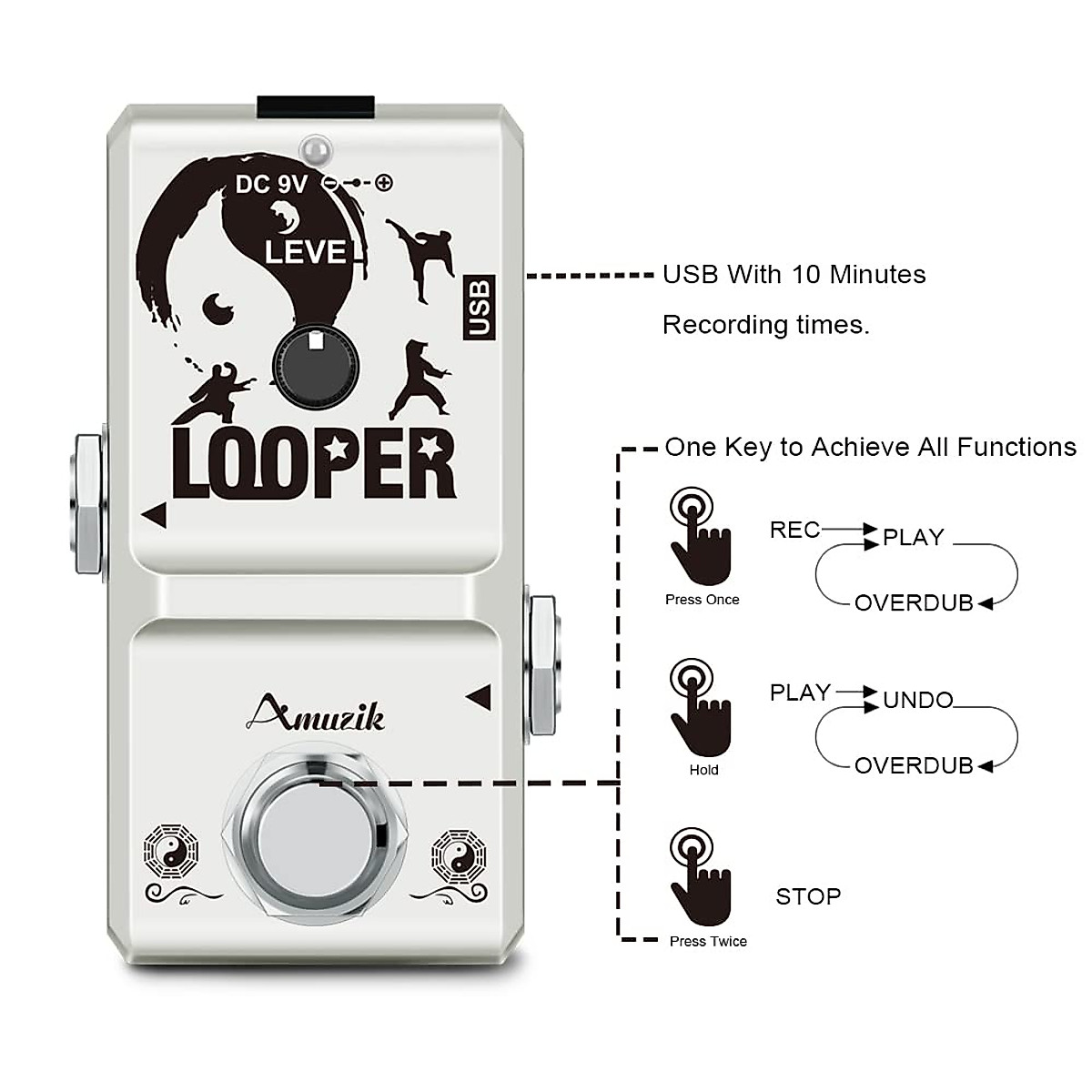 Amuzik Looper Electric Guitar Effect Loop Pedal 10 Minutes of Looping Unlimited Overdubs USB Port True Bypass