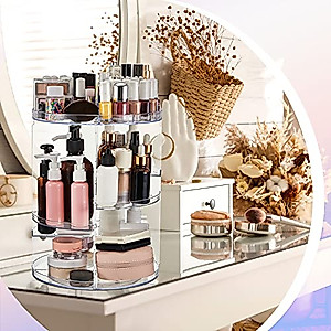 Maitys Set of 2 360° Rotating Makeup Organizer and Cosmetic Display Cases 3 Drawers Stackable Storage Box Adjustable Cosmetic Storage Display Case for Jewelry Accessories Lipsticks, Clear Transparent