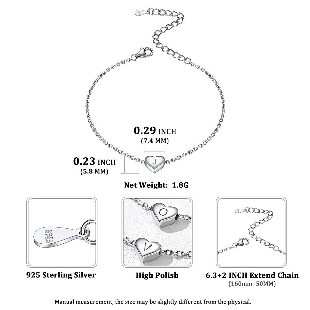 ChicSilver 925 Sterling Silver Bracelets for Women Initial Charm Bracelet with Heart Bracelet for Women Mom Bracelet Gift for Mother