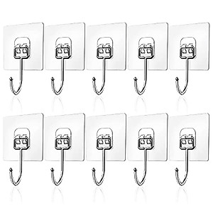 Hooks for Hanging Heavy Duty, Self Adhesive Wall Hooks for Coats, 10 Pack Damage Free Large Adhesive Hooks Transparent
