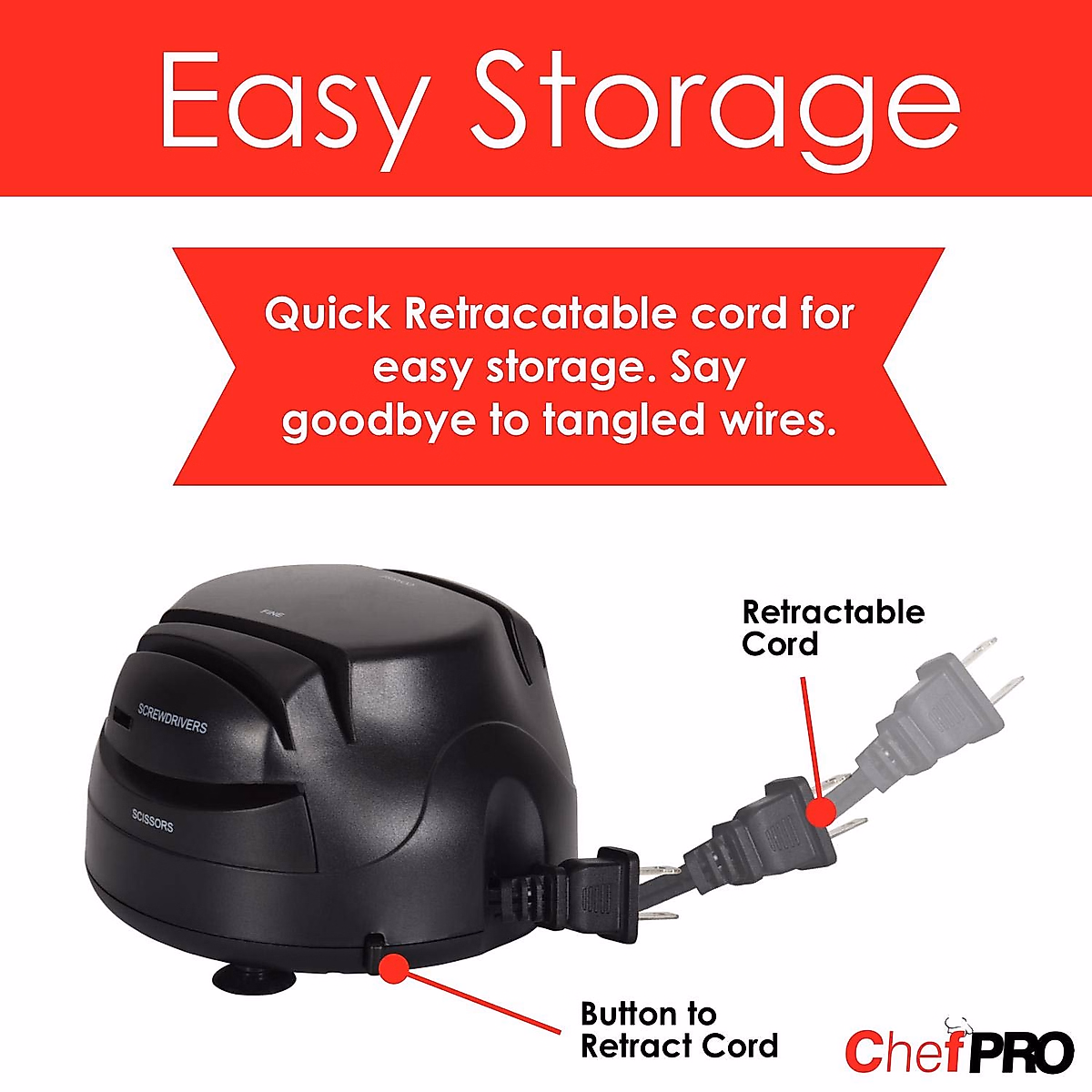 3-In-1 ELECTRIC KNIFE SHARPENER SYSTEM by ChefPRO, Great for Kitchen and Sport Knives, Scissors, Screwdrivers, 2-Stage Sharpening System Appliance, Compact Quick, Easy Design, Retractable Cord, Black