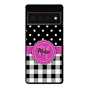 Black White Pink Plaid and Polka Dots Personalized Black Rubber Phone Case Compatible With Google Pixel 8 Pro, 8a, 8, 7a, 7, Pixel 7 Pro, 6a, Pixel 6 Pro, 6, 5, 4a 5G, 4a 4G, 4, 4 XL, 3a