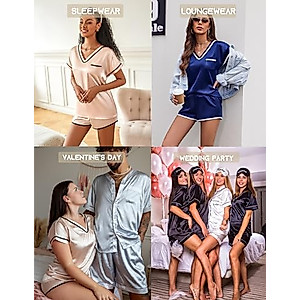 Ekouaer Satin Pajamas for Women's Soft Short Sleeve V-Neck Silk Loungewear Sexy Pjs Set Pink