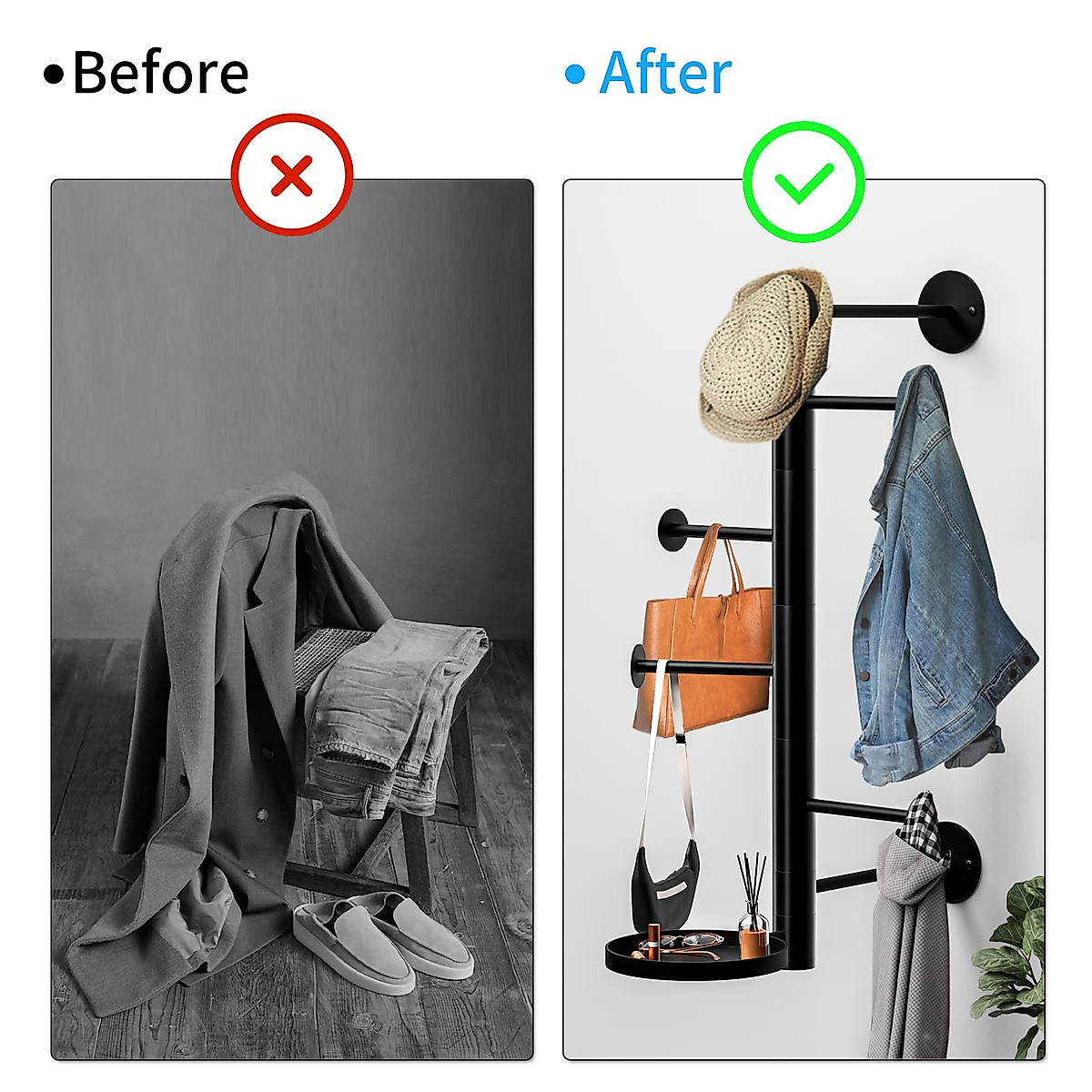 RCHYFEED Coat Rack Wall Mount, Vertical Coat Tree for Wall 16.9 Inch, Metal Modern Wall Hat Rack for Jackets, Bags, Hats, Swivel Coat Hanger with 6 Branches Key Tray for Entryway Living Room