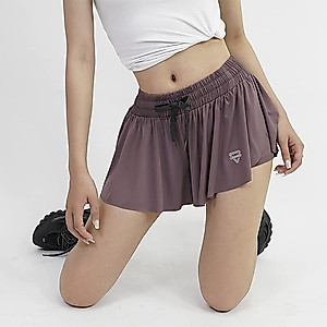 2 in 1 Flowy Womens Biker Shorts Gym Yoga Athletic Workout Running Spandex Comfy Lounge Sweat Skirt Summer (L, Purple)