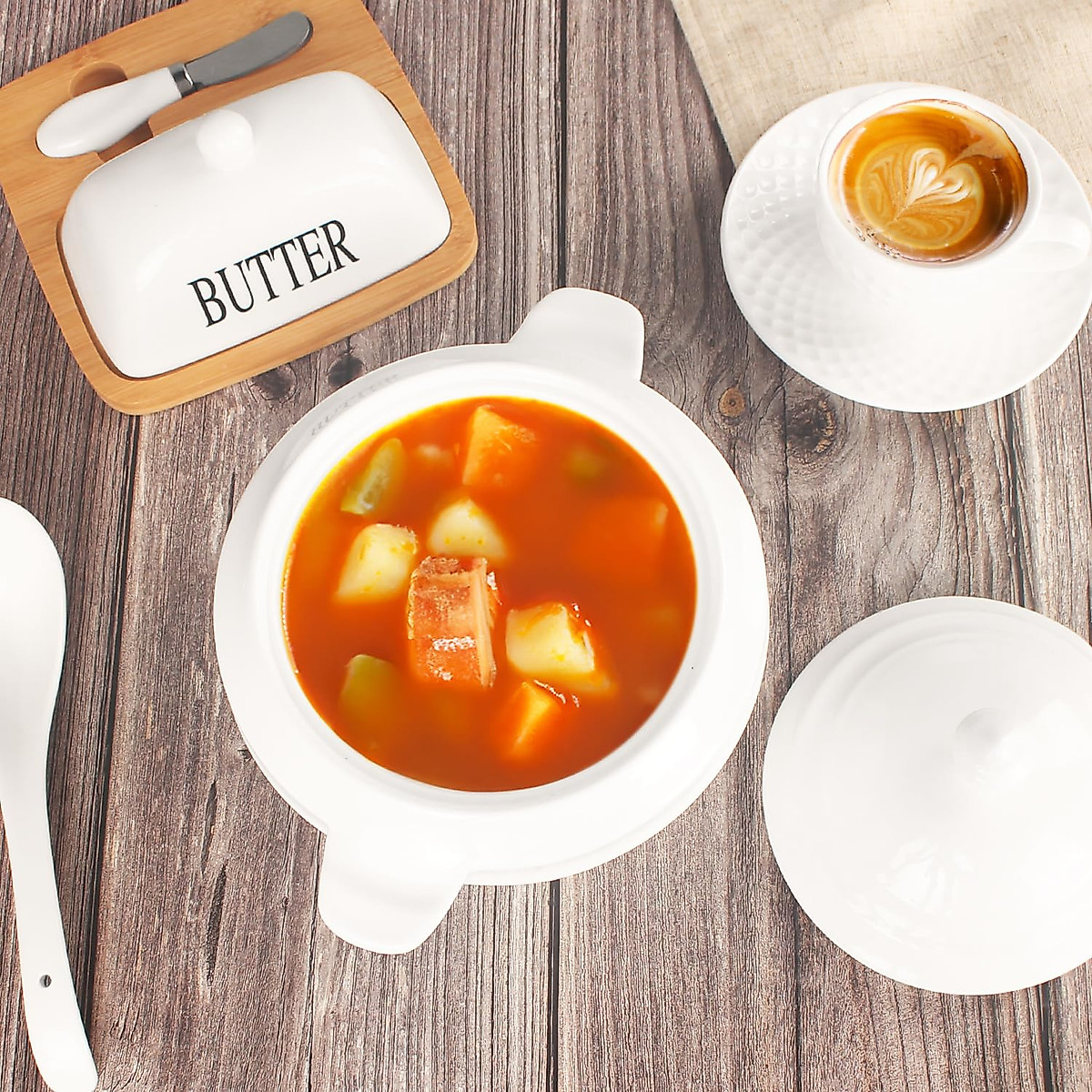 jinsongdafa Casserole Dish with Serving Handle, Soup pot 1.6-quart, French White Ceramic Tureen with Lid and Ladle, for Dinner and Party, Microwave, Dishwasher, Oven Safe 10.2 Inch