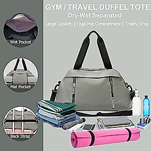 BASICPOWER Travel Duffel Gym Yoga Workout Tote Bag, Waterproof Overnight Weekender Bag, Dry-Wet Separated, with Yoga Mat Storage Tape, Grey