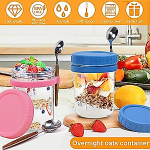 COOKWIN Overnight Oats Containers with Lids and Spoon,8 Pack Overnight oats containers with lids glass,12 oz Wide Mouth Overnight oats jars,Meal Prep Jars with Measurement Scale for Oats Milk Salad