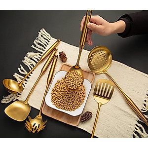 Gold Kitchen Utensils Set, Standcn 9 PCS 304 Stainless Steel All Metal Cooking Tools with Meat Fork, Solid Spoon, Slotted Spoon, Spatula, Ladle, Skimmer, Slotted Spatula, Spaghetti Server, Large Spoon