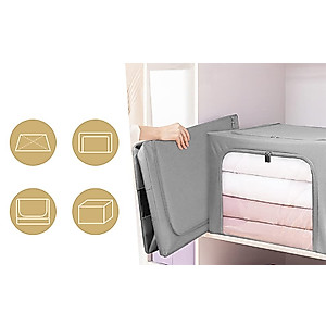Stackable Clothes Storage Box for Clothing Gadgets,Steel Frame Storage Bins for Bedding Blankets Toys Gift,Foldable Oxford Fabric Closet Organizer Bag Set with Carry Handles and Clear Window (Large- 66L x3 Pack, Grey)