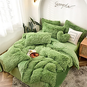 HLGBED Plush Shaggy Duvet Cover Set Full Luxury Fluffy Faux Fur Comforter Cover Set Ultra Soft Fuzzy Velvet Warm Tie Dye Bedding Set 3Pcs (1Duvet Cover + 2Pillowshams) Green