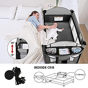 4 in 1 Portable Pack n Play, Baby Bedside Crib w/Bassinet, Folding Nursery Center Playard, Large Playpen for Infant and Toddler, Newborn Changing Table, Storage, Grey Basket, Side Zipper, Travel Bag