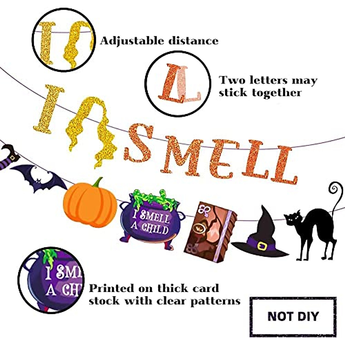 Hocus Pocus Glitter Banner Hocus Pocus Decorations Halloween Witch party Decorations Hocus pocus party decorations I smell Children Banner for Hocus Pocus Party Supplies(Two L is overlap)