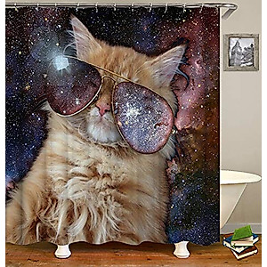 4PCS Space Cat Shower Curtain Sets with Rugs,Cute Cat wear Galaxy Glasses, Kids Bathroom Decor Non-Slip Bathroom Mat Bath Mat Toilet Rug,with 12 Hooks,72X72 Inch,Yellow Cat