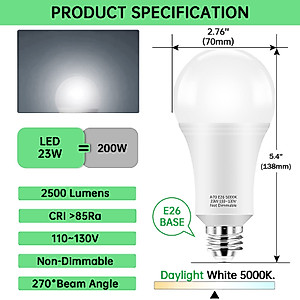 KINDEEP 150-200W Equivalent 23W E26 LED Bulb, A21 LED Super Bright Light Bulb, 2500 Lumens, Daylight White 5000K for Your Home, Office, Store, Garage, Warehouse, Garden 12-Pack