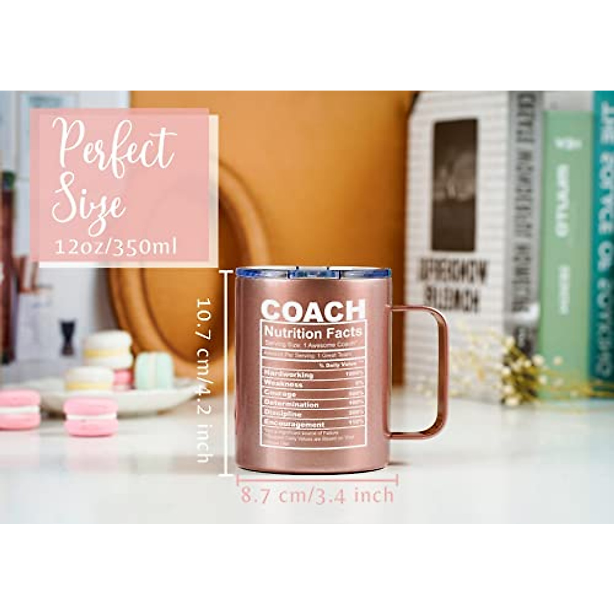 Onebttl Coach Gifts, Funny Gift Idea for Appreciation, Christmas, Birthday, 12oz Stainless Steel Insulated Travel Coffee Mug - Coach Nutriton Facts RoseGold