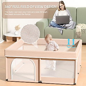 Omzer Baby Playpen with Mat 50x50inch: Large Playpen for Babies and Toddlers Indoor Safety Play Pen with Soft Breathable Mesh - All-Wrapped Sponge Sturdy Play Yard with Stable Mat Magic Sticker Beige