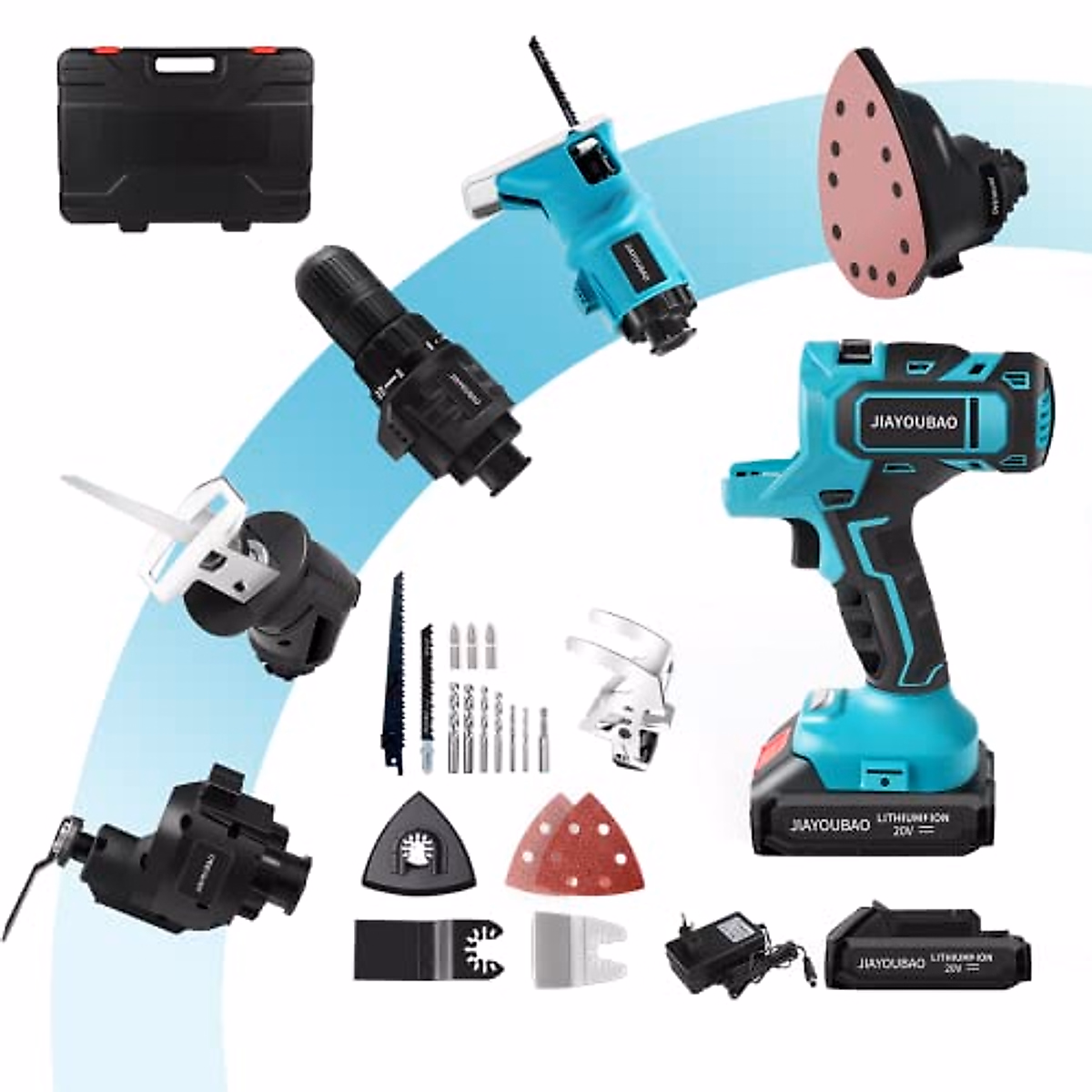 JIAYOUBAO Cordless Drill Kit - 20V Max Electric Drill Tool Combo 5-In-1 Multi-Head Power Drill Set Bits Accessories with 2Pcs Lithium-Ion Batteries and Storage Box, Combo Kit 5-Tool