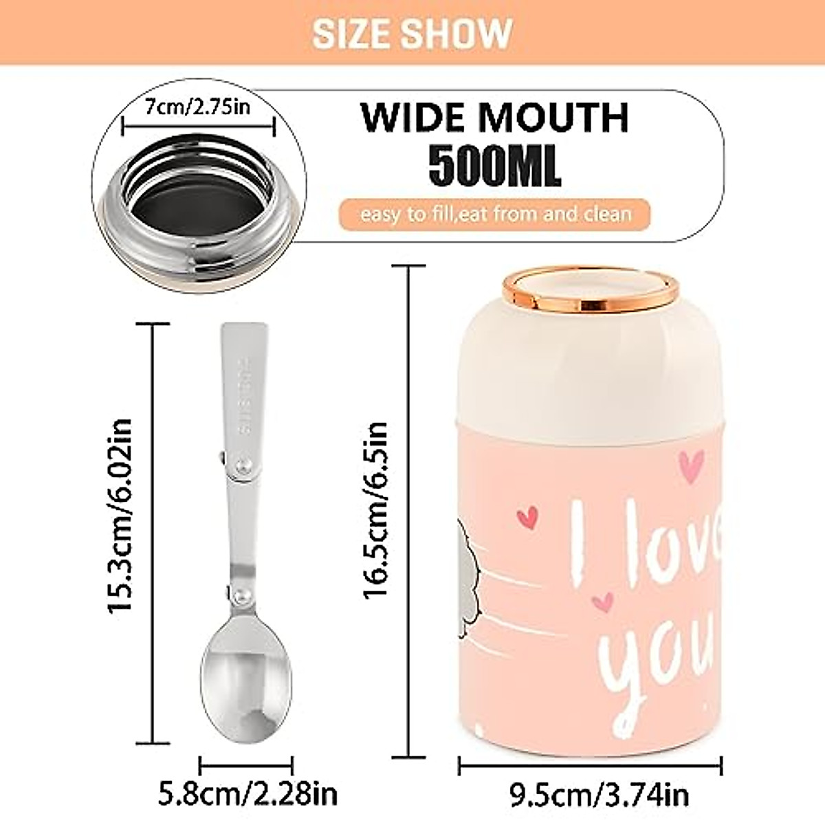 CUPADA I Love You Food Jar for Hot and Cold, Valentines Cat Paw Insulated Food Jars Vacuum 17OZ with Folding Spoon for Work Trip Picnic Camping