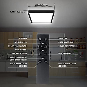 Unicozin Dimmable LED Flush Mount Ceiling Light with Remote Control, 3000K-6000K Color Changing, 12Inch 24W(150W Equiv) 2200LM, Square Flat Ceiling Lamp Black for Bedroom, Living Room, Kitchen