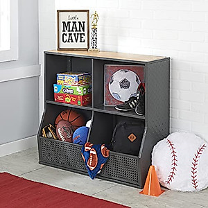 Badger Basket Metal and Bamboo Multi-Bin Charcoal/Natural Storage Cubby