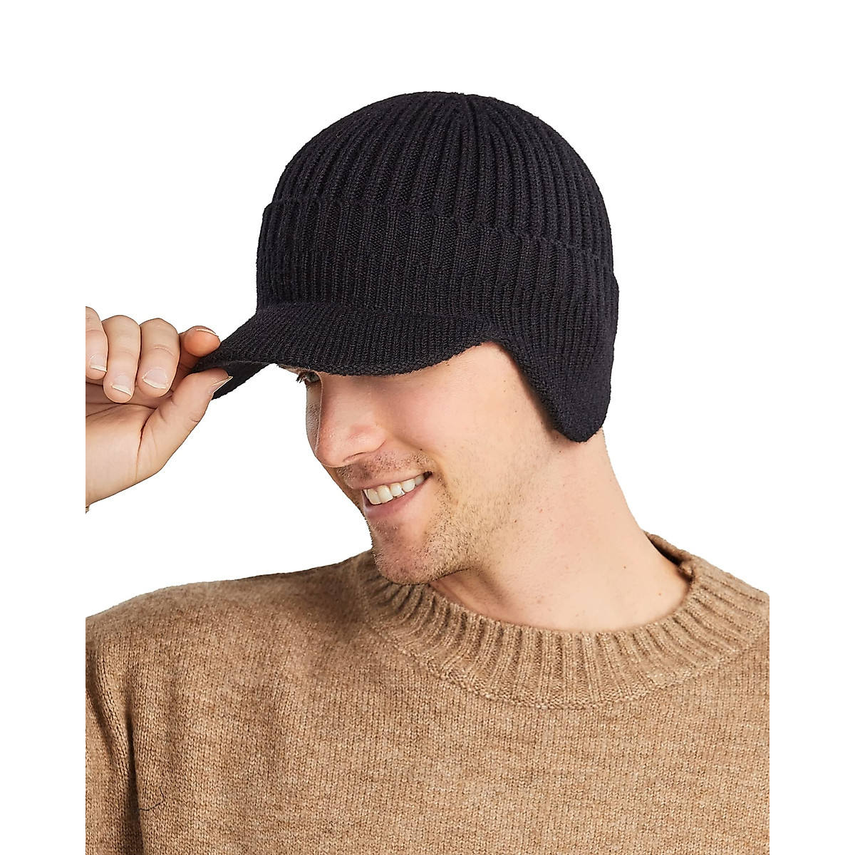 Koreshion Men's Winter Visor Beanie Hat with Earflaps Knit Baseball Cap with Brim Ski Hat Warm Fleece Lined Hunting Hat Black