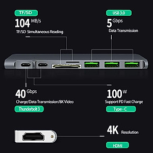 8 in 1 USB C Hub 40Gbps Thunderbolt 3 Dongle with 3 USB 3.0 Ports, 4K USB C to HDMI, SD/TF Card Reader, 100W Pd for MacBook Air 2018 13'', MacBook Pro 2018/2017/2016 13'' 15''