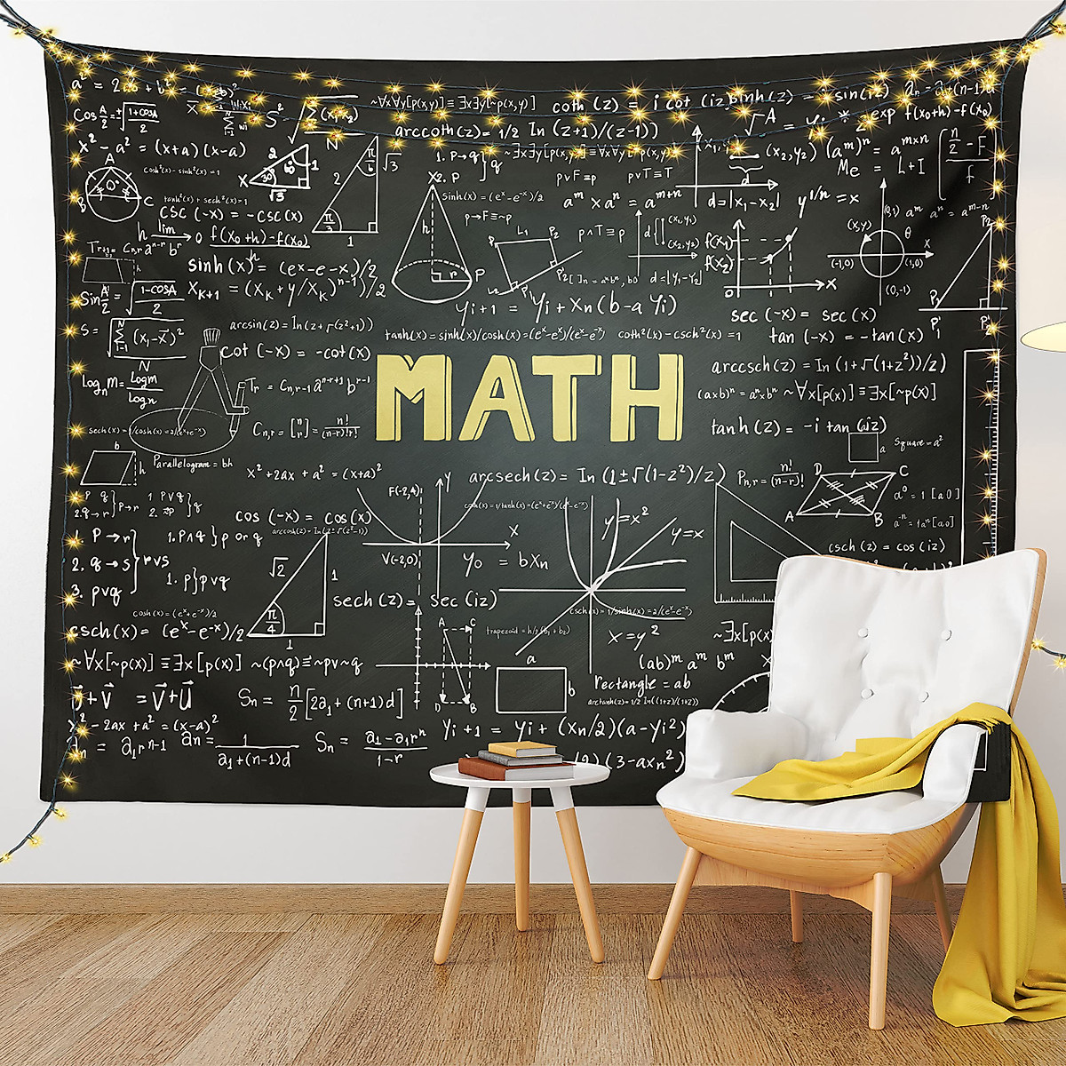 Lunarable Mathematics Room Tapestry, Dark Blackboard Backdrop with Math Equations Geometry Axis Art, Fabric Wall Hanging Decor for Bedroom Living Room Dorm, 45" X 30", Green Yellow