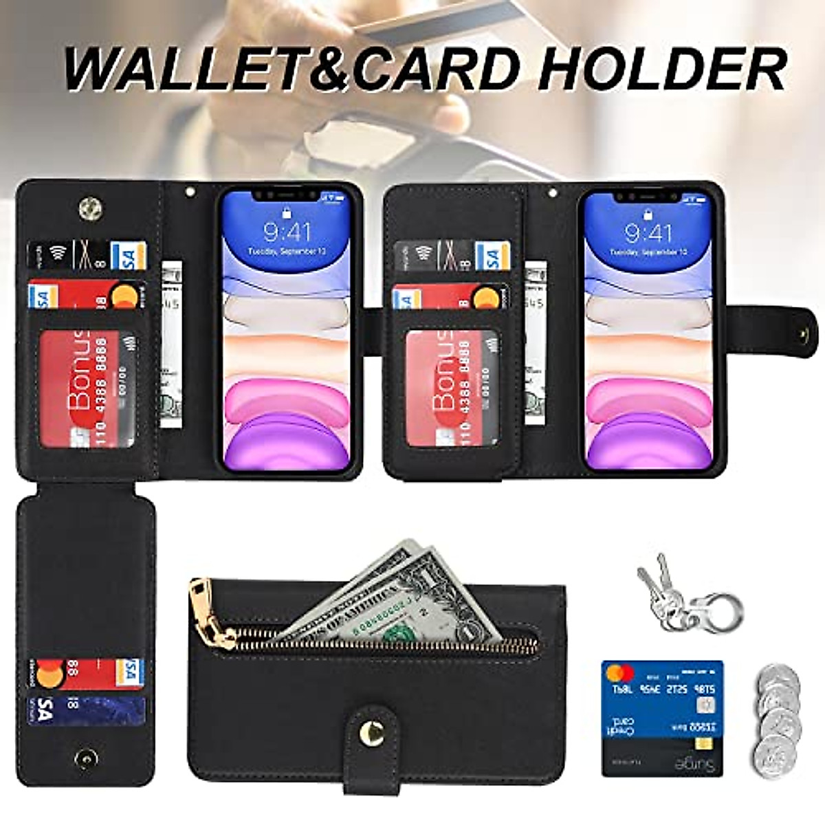 iCoverCase for iPhone 11 Wallet Case with Card Holder, Adjustable Crossbody Lanyard PU Leather Kickstand Card Slots Zipper [Not Detachable] Flip Cover Case 6.1 Inch (Black)