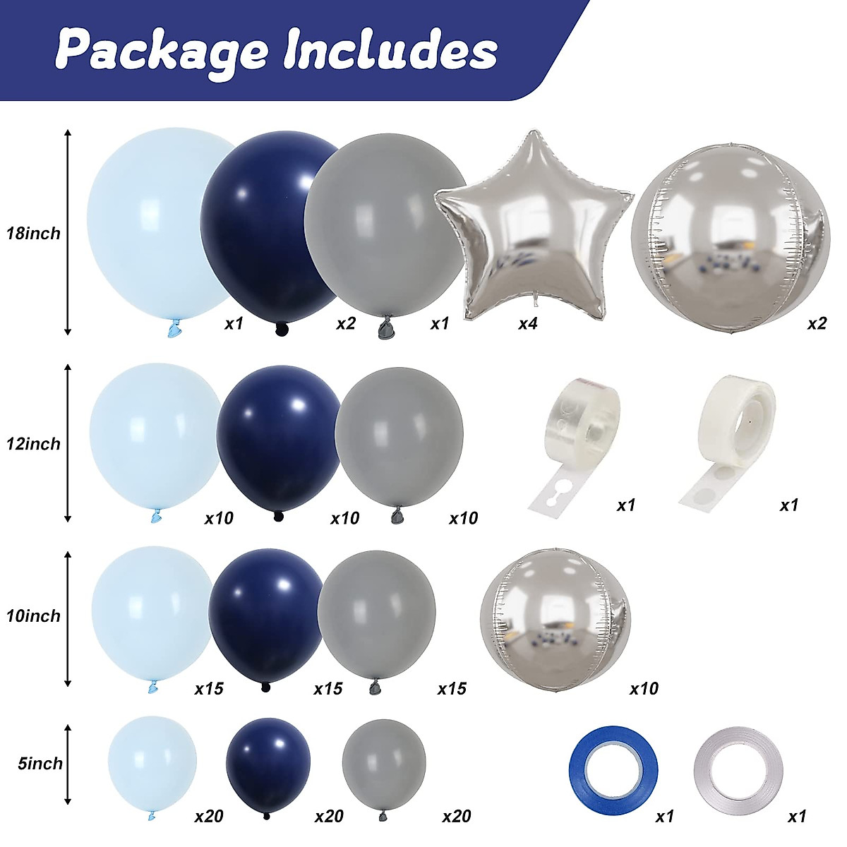 RUBFAC 155pcs Blue Silver Balloon Garland Arch Kit Pastel Blue Navy Blue Metallic Silver Grey Baby Blue Night Blue Balloons for Boys Graduation Girls Baby Shower Wedding Birthday Party Decorations