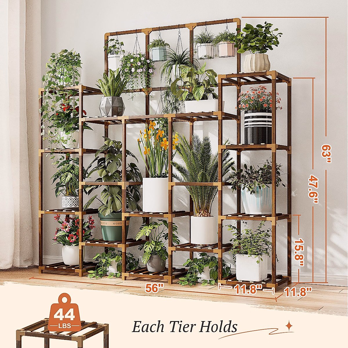 EnHomee 63''H Upgrade Plant Stand Indoor Tall Plant Stands Outdoor with 7 Tiers and 14 Potted Wood Plant Shelves Stand Load-Bearing 600 LBS, Multiple Plant Stand for Garden Balcony 11.8''x56''x63''