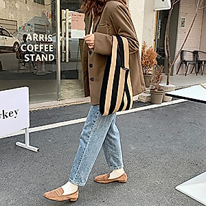 Stripe Wrist Tote Knitting Handbags Japanese Knot Purse Light Shopping Bag Beach Bag for Women (Brown-black)