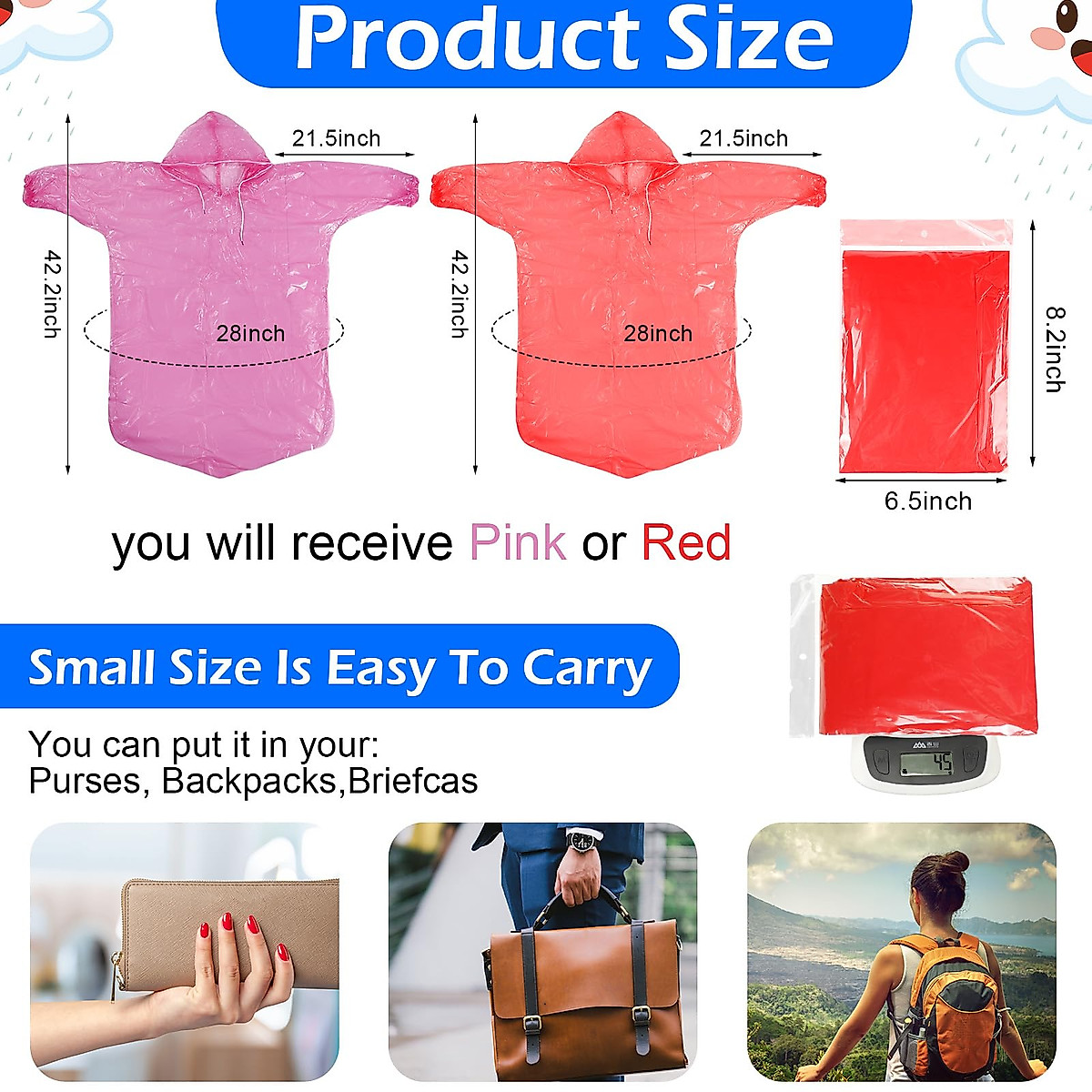 30 Pcs Kids Rain Ponchos Bulk Disposable Rain Ponchos for Kids Emergency Ponchos Disposable Ponchos Pack (Pink, Purple, Blue)