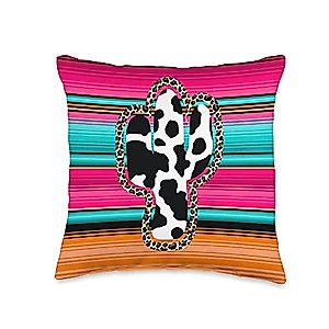 Western Serape Cactus designs Western Cow Cactus Leopard Cheetha Serape Turquoise Pink Throw Pillow, 16x16, Multicolor
