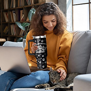 40 Oz Black Cat Tumbler With Handle and Straw, Double Wall Stainless Steel Insulated Mug for Cat Lovers, Mom or Dad - Cups Gifts for Women