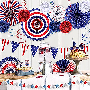 46pcs 4th of July Patriotic Decorations - Fourth of July Decor American Flag Party Supplies - USA Flag Pennant, Red White Blue Paper Fans, Cupcake Toppers, Star Streamer, Hanging Swirls Party Decor